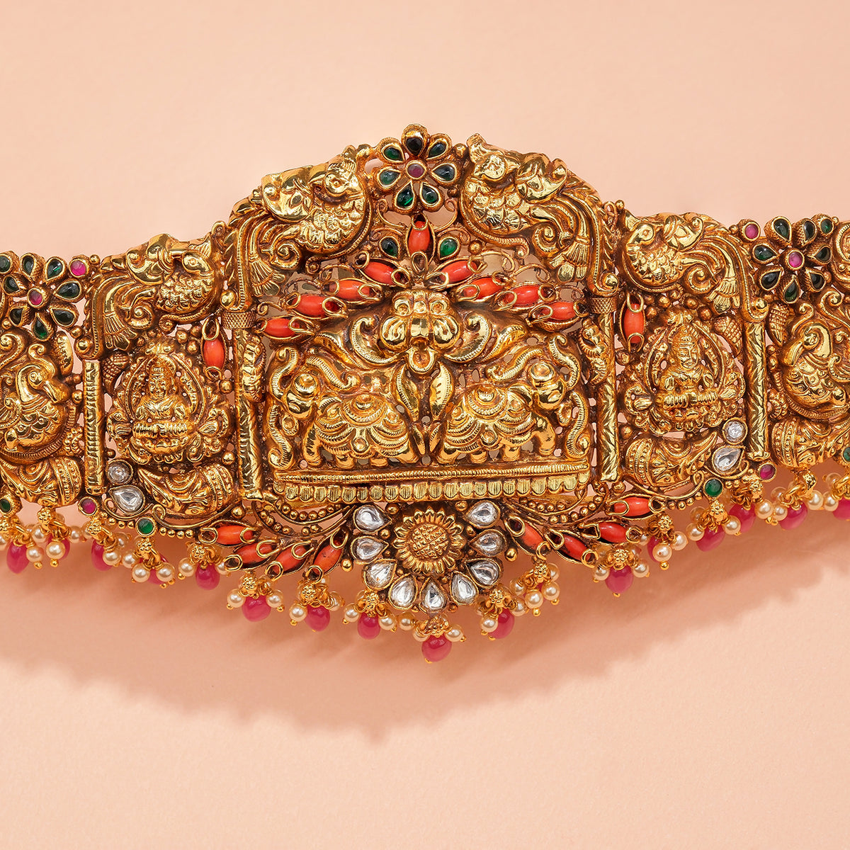 Peacock and Lakshmi Devi Silver Vaddanam with Multistones – Padmam