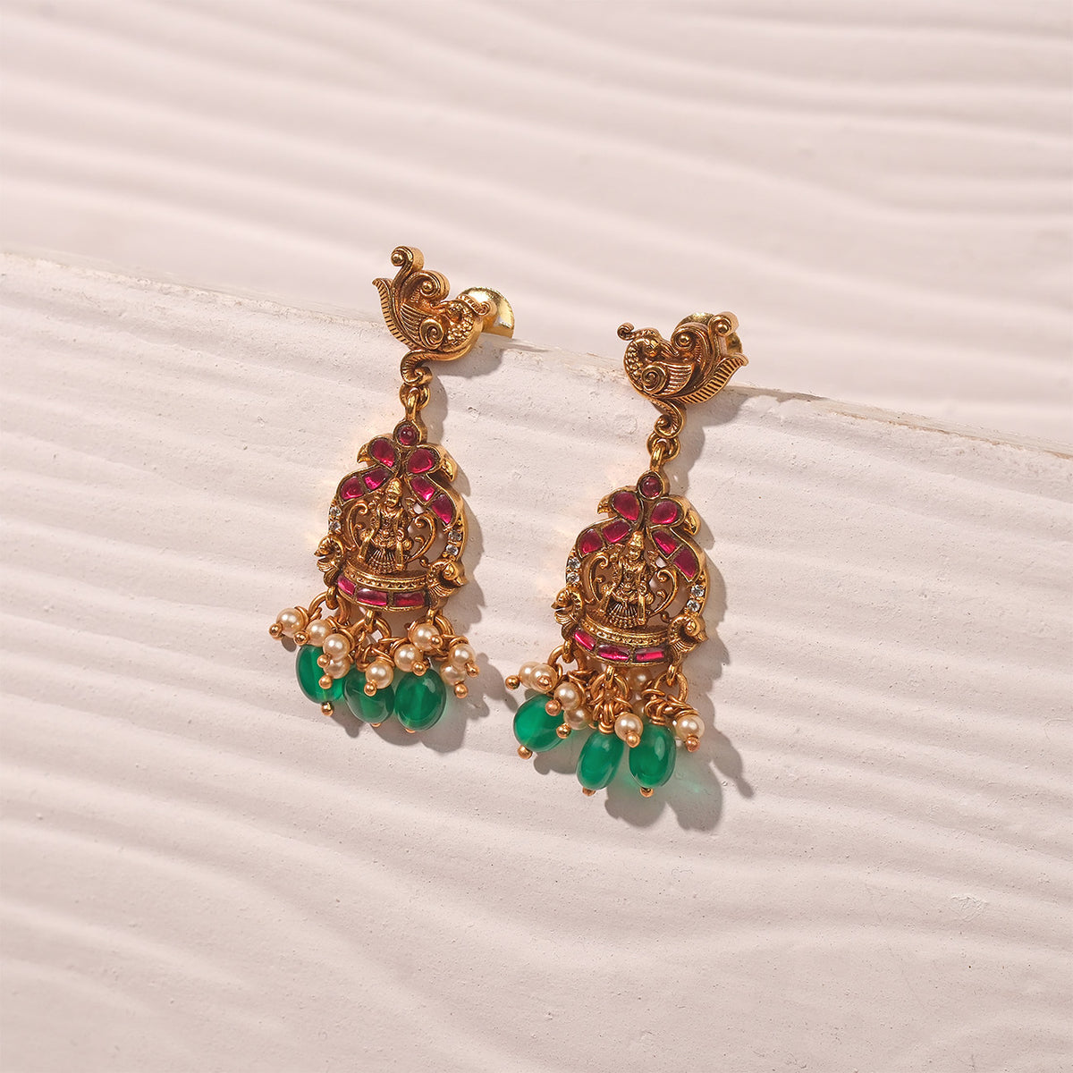 SIlver Lakshmi Earrings with Stone Bead Hangings and Kundans – Padmam