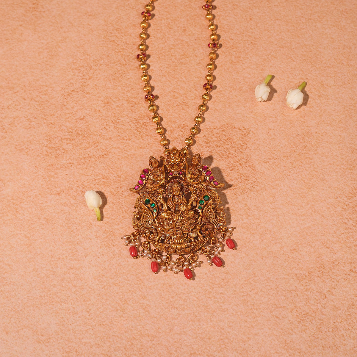 Divine Dhana Lakshmi Pendant with Peacocks and Coral Hangings – Padmam