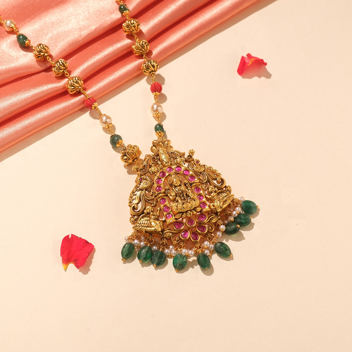Lakshmi Devi Silver Haaram with Nakshi Beads, Corals, and Pearls – Padmam