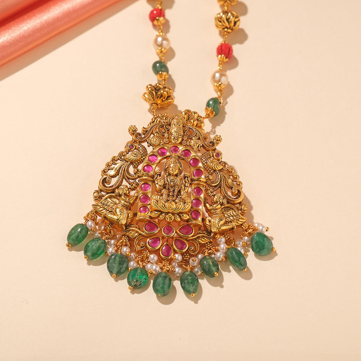 Lakshmi Devi Silver Haaram with Nakshi Beads, Corals, and Pearls – Padmam