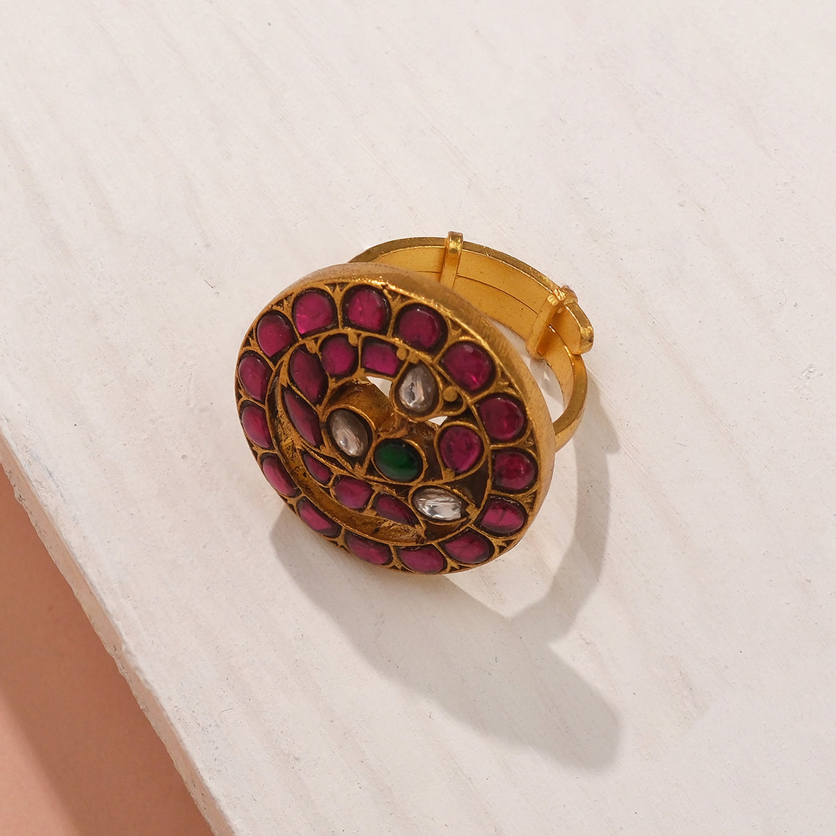 Bold Pink Kundan Studded Ring – Padmam