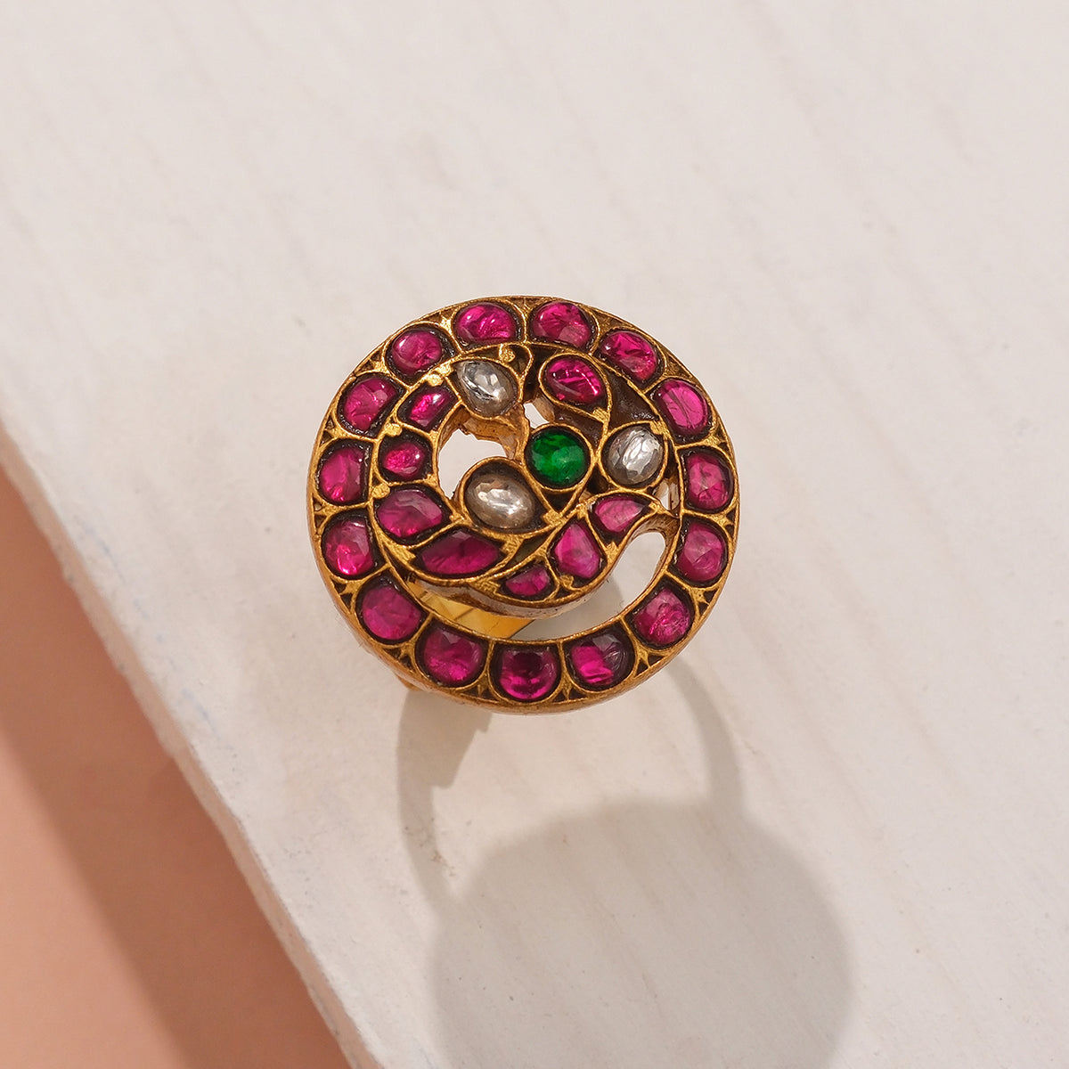 Bold Pink Kundan Studded Ring – Padmam