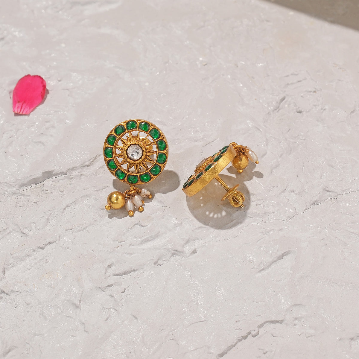 Radiant Sun Design Silver Earrings with Green and White Kundans – Padmam