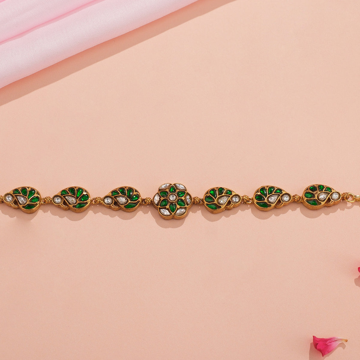 Elegant Silver Bracelet with Green Kundans and Leaf Design – Padmam
