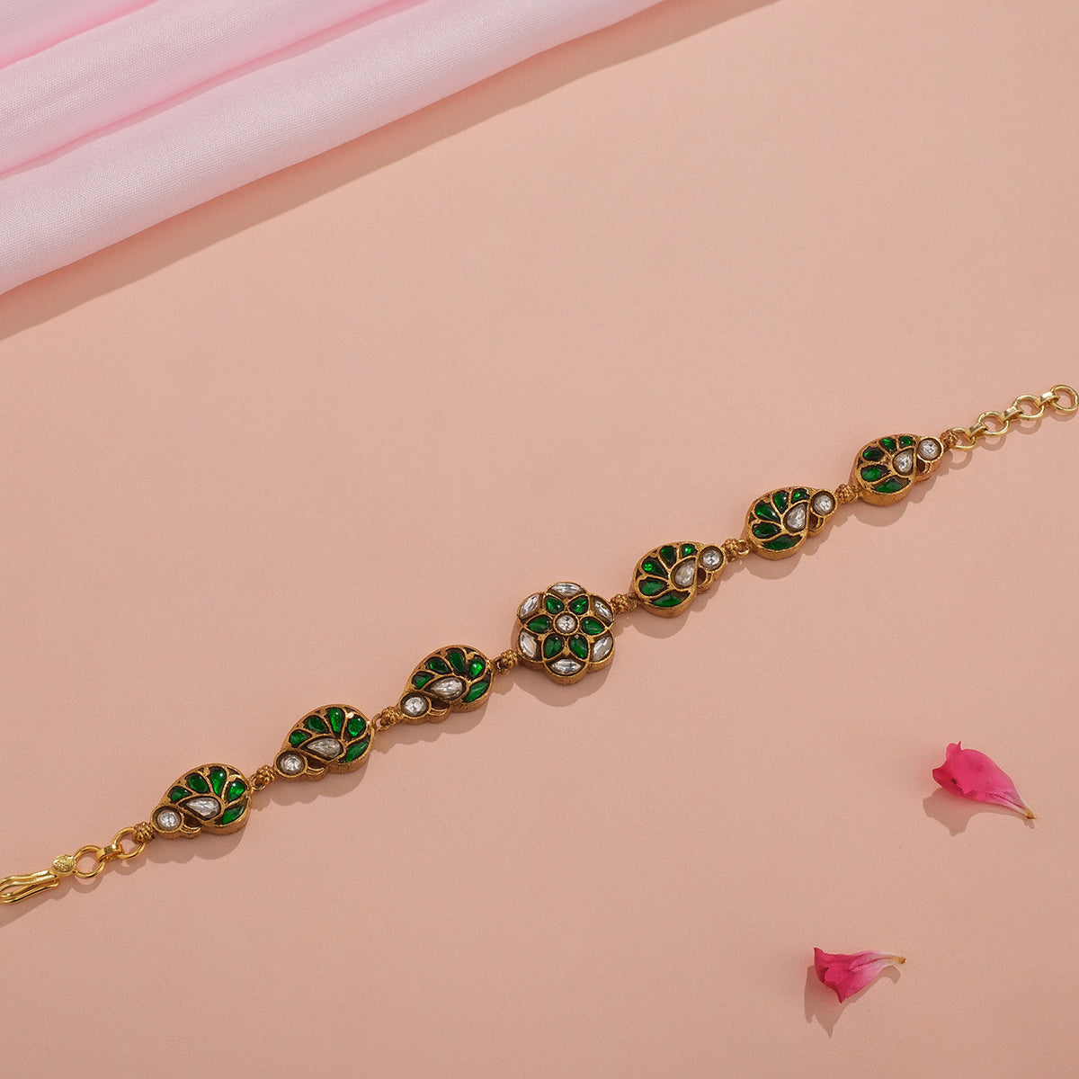 Elegant Silver Bracelet with Green Kundans and Leaf Design – Padmam