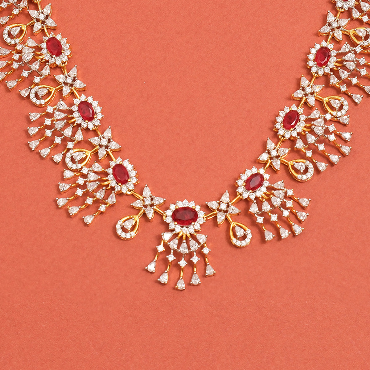 Silver and CZ Floral Necklace with Red Moissanite Stones – Padmam
